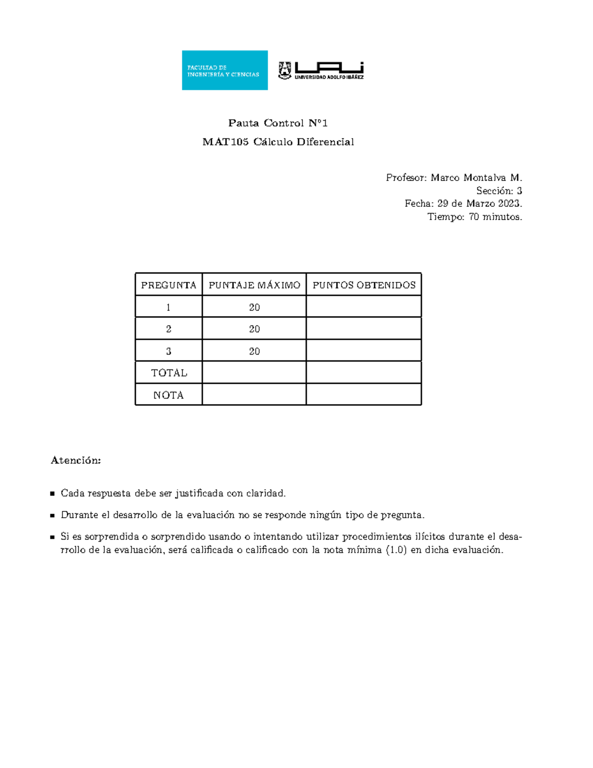 Pauta Control 1 Cálculo Diferencial 2023-1 - Pauta Control N 1 MAT105 C ́alculo Diferencial ...
