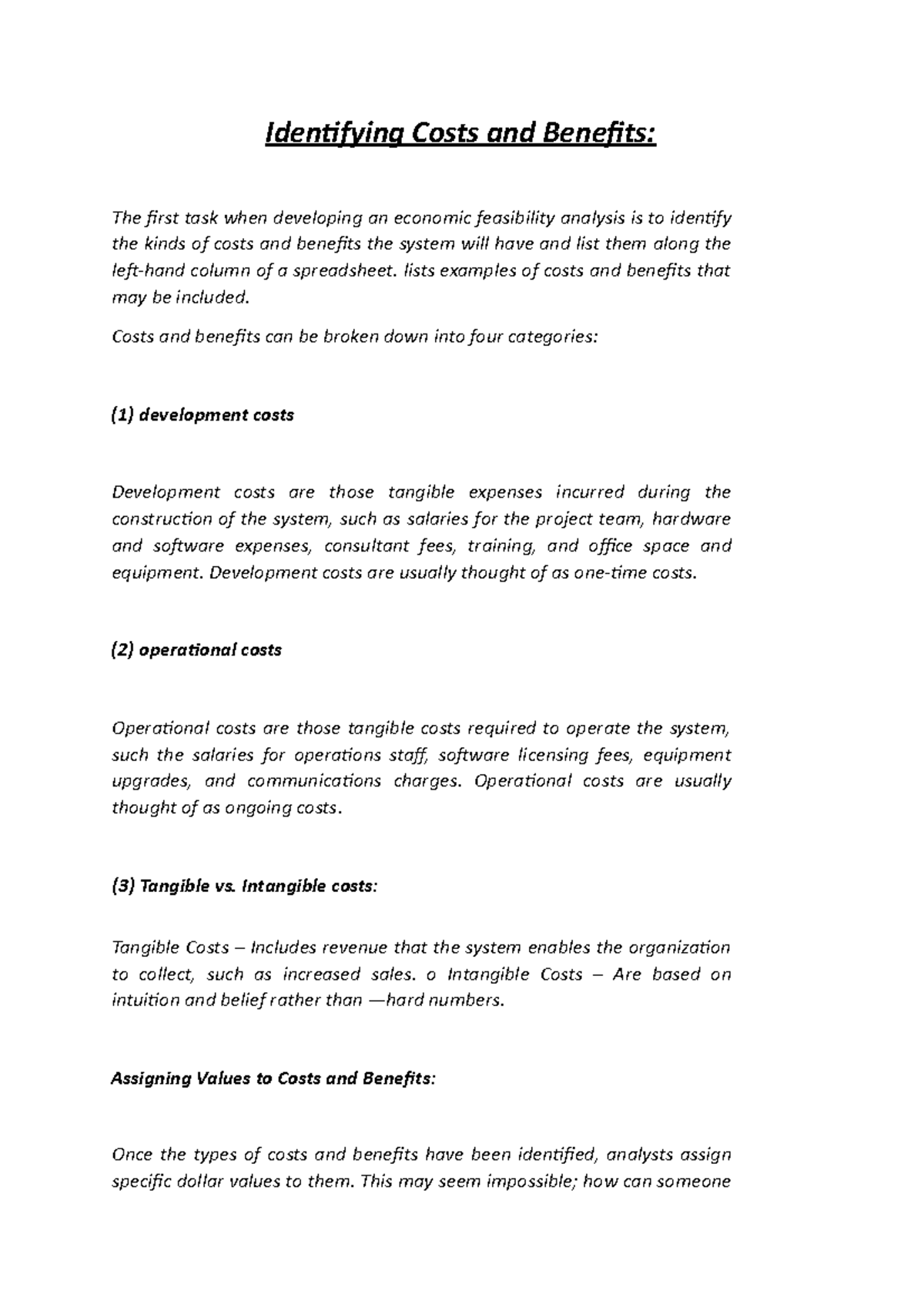 Identifying Costs and Benefits - lists examples of costs and benefits ...