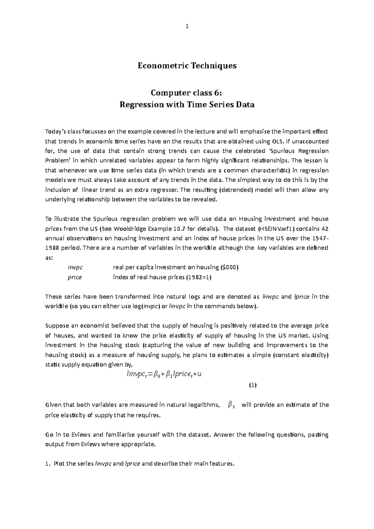 CC6 Regression with Time Series Data - 1 Econometric Techniques ...