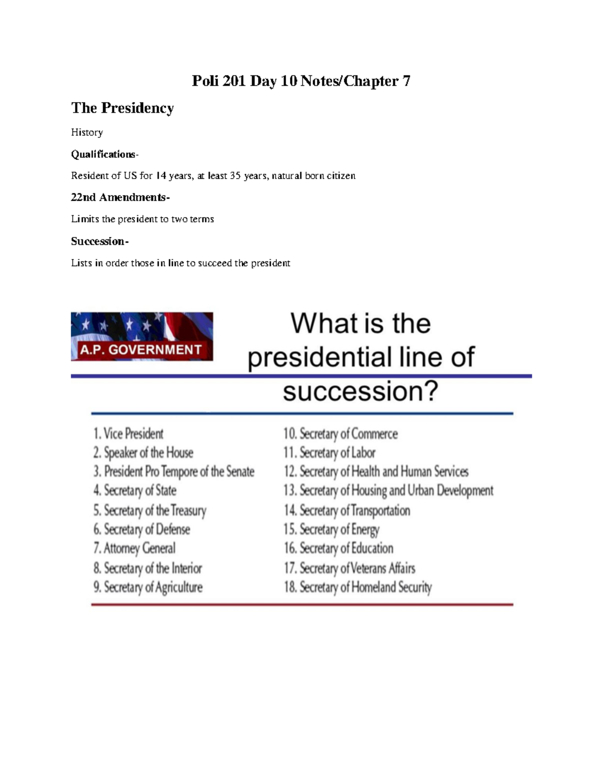 Chapter 7 - The Presidency - Poli 201 Day 10 Notes/Chapter 7 The ...