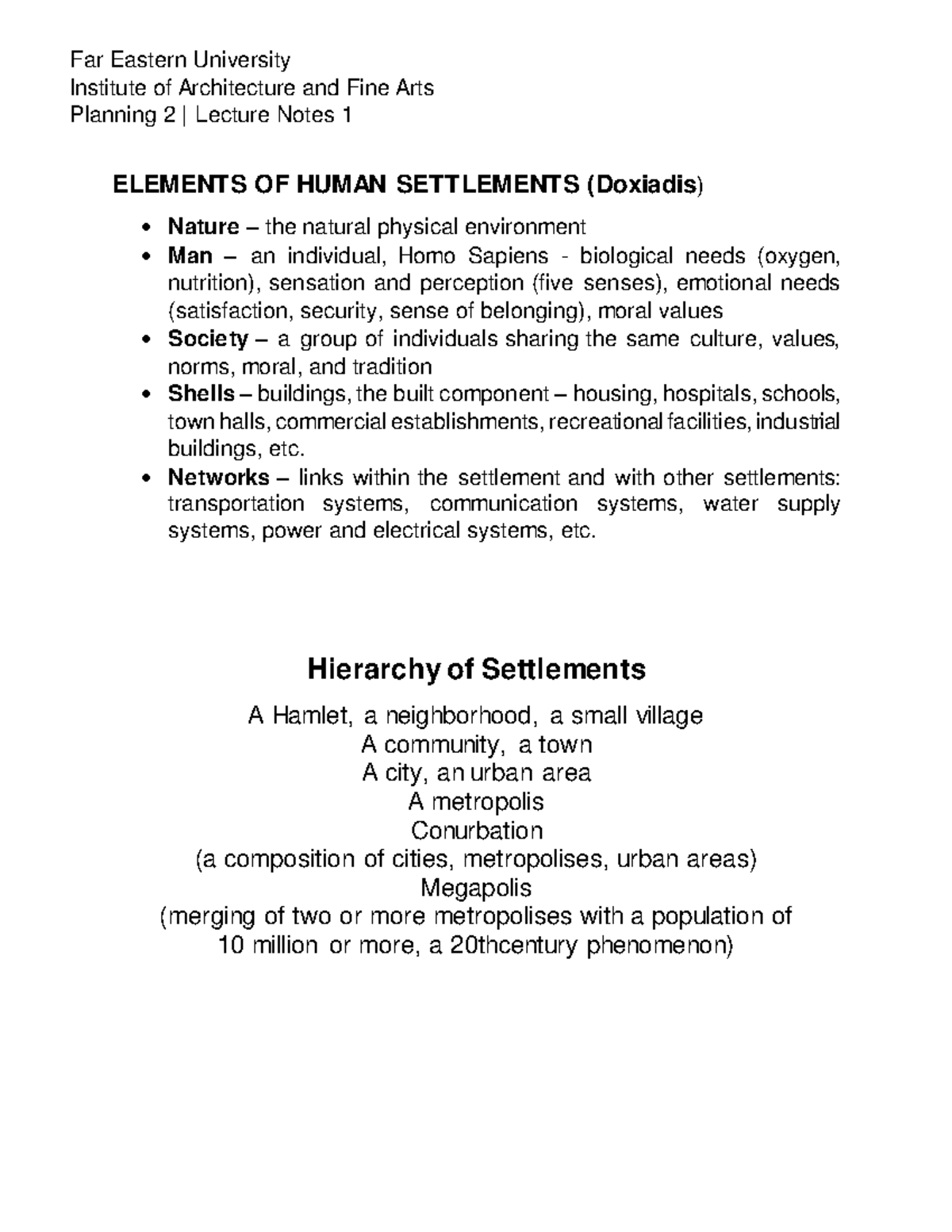 Elements of Human Settlements - Far Eastern University Institute of ...