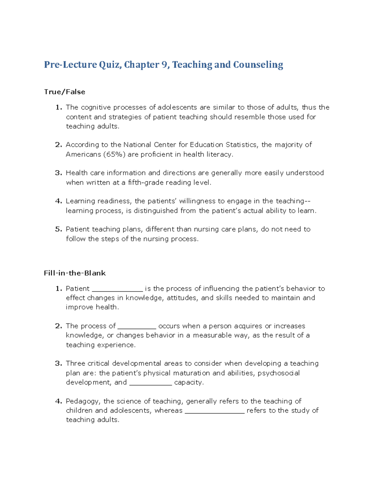 Pre Learning Quiz on Teaching and Counseling - Pre-Lecture Quiz ...