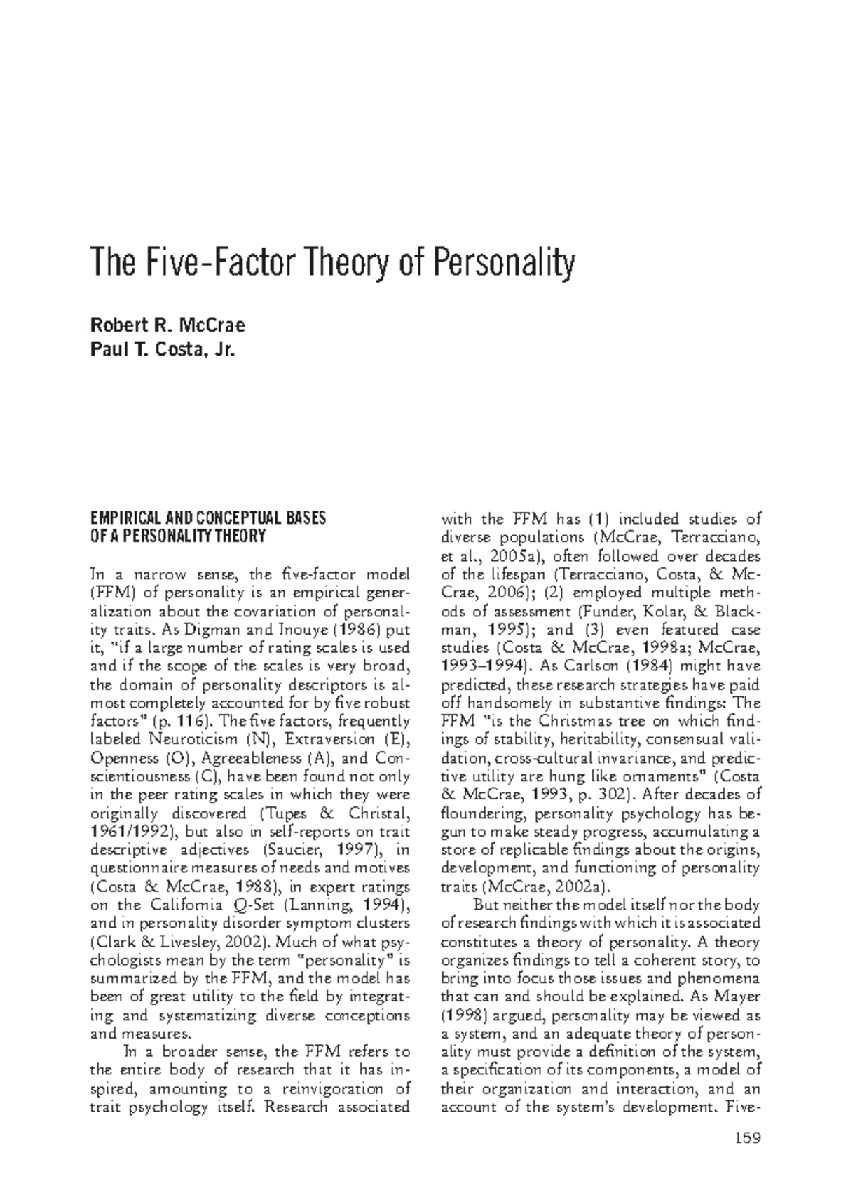 The Five Factor Theory of Personality Costa Mc Crae - 159 EMPIRICAL AND CONCEPTUAL BASES OF A ...