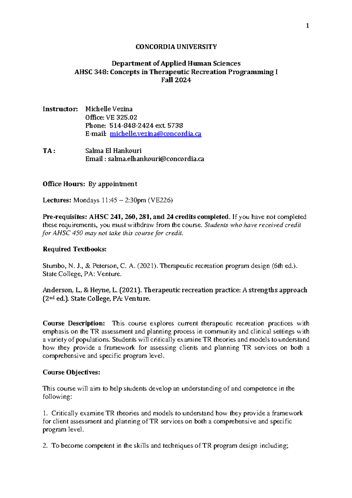 AHSC 348 - Course outline - CONCORDIA UNIVERSITY Department of Applied ...