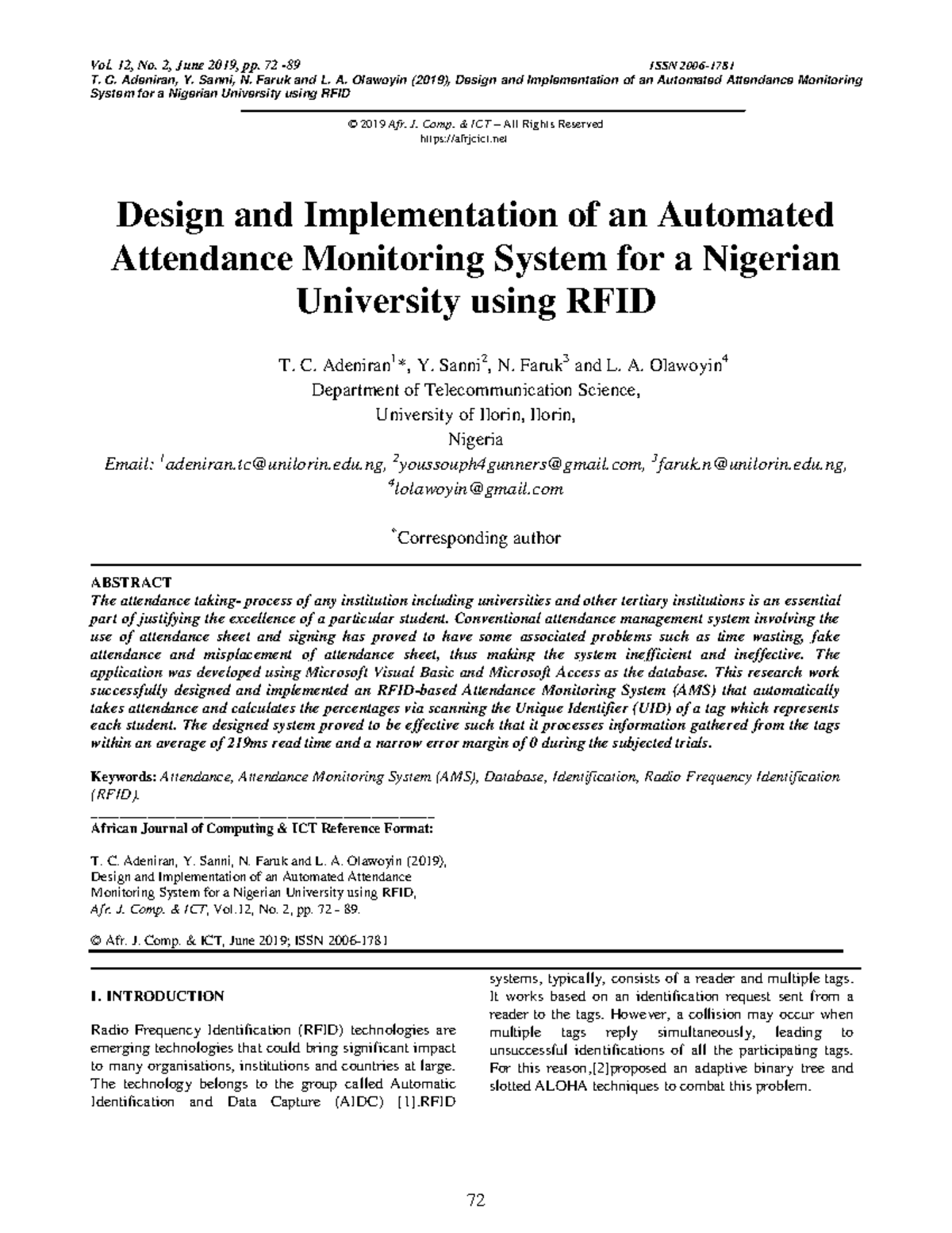 Design and Implementation of an Automated Attendance Monitoring System ...