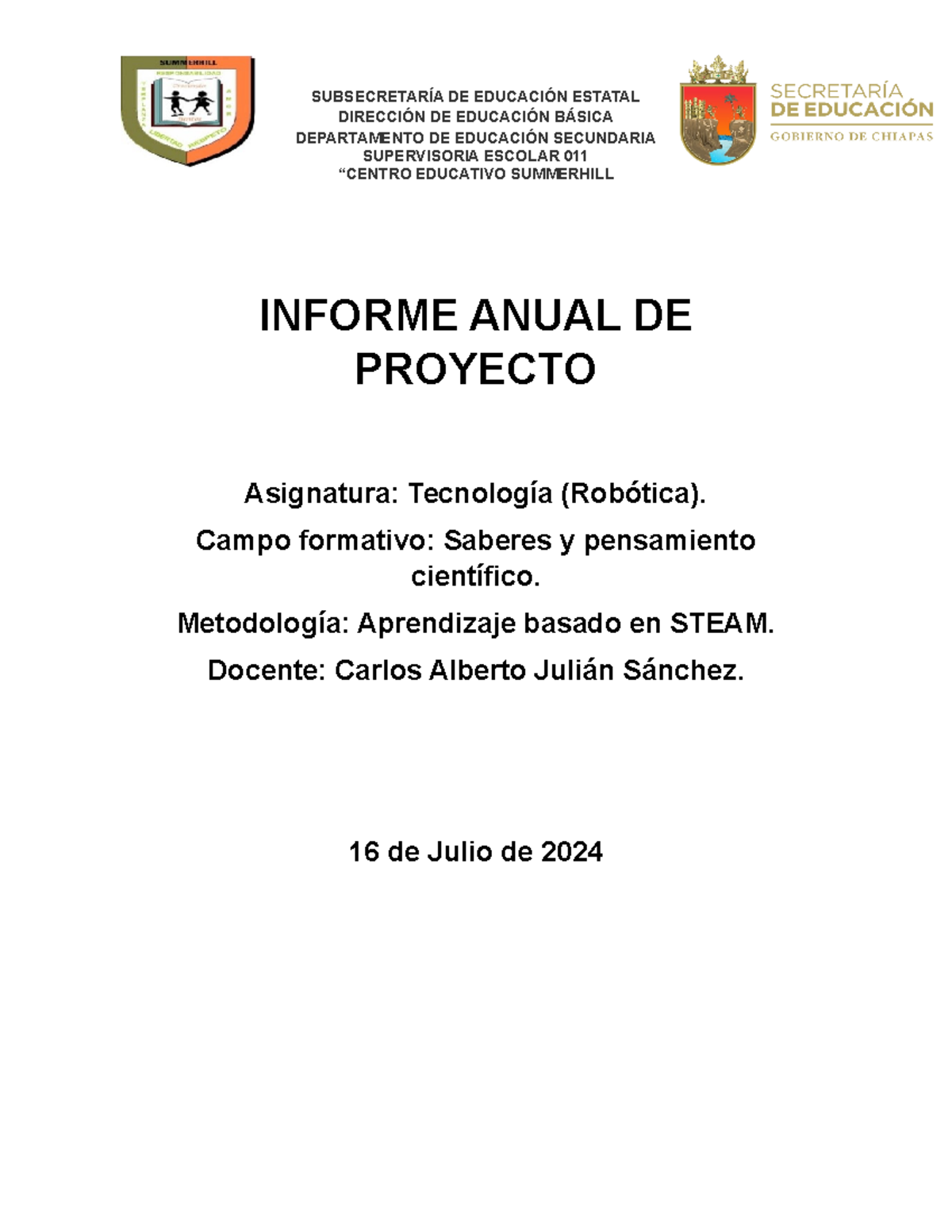 Informe Anual de Proyectos 2024 - DIRECCIÓN DE EDUCACIÓN BÁSICA DEPARTAMENTO DE EDUCACIÓN ...