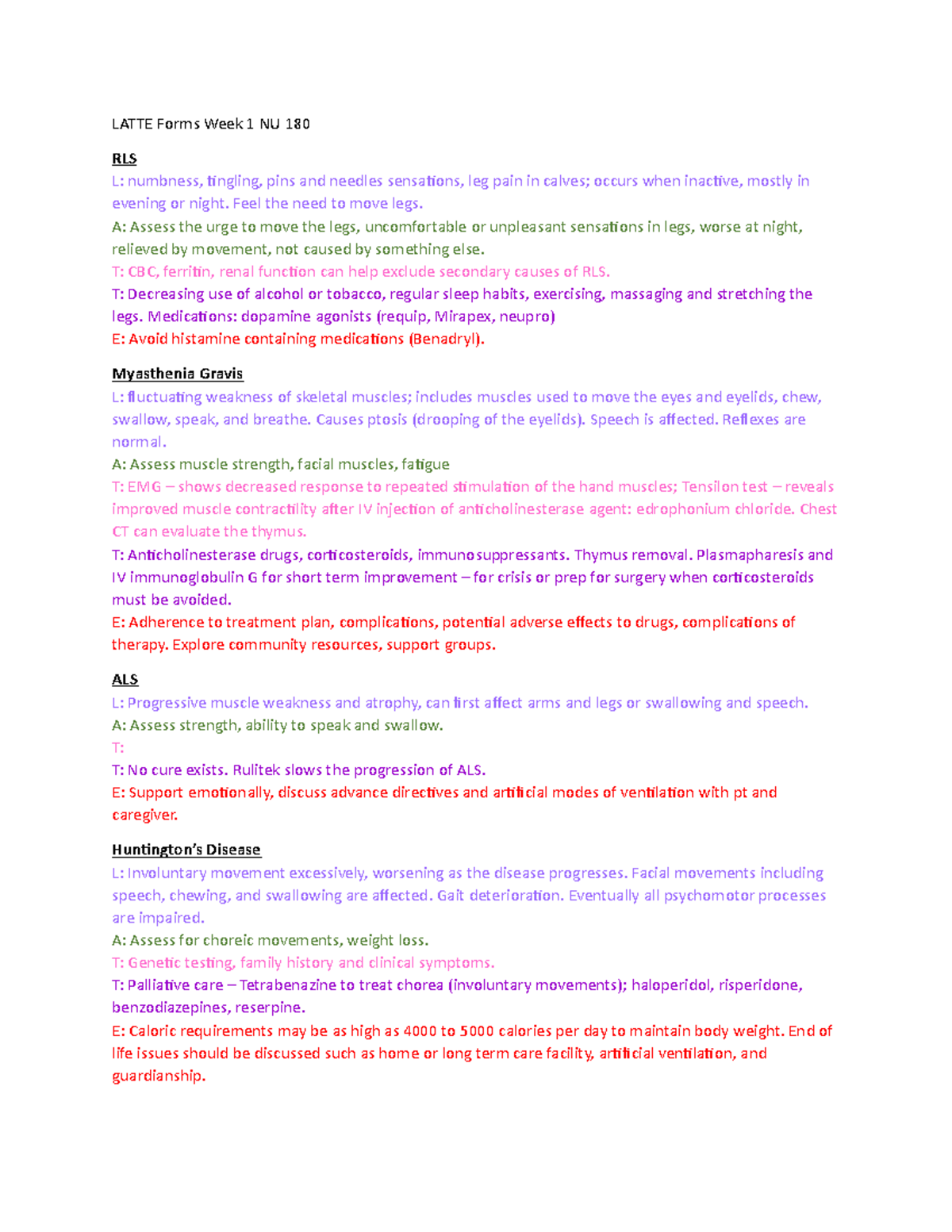 Latte Form Wk 1 - LATTE Forms Week 1 NU 180 RLS L: numbness, tingling ...