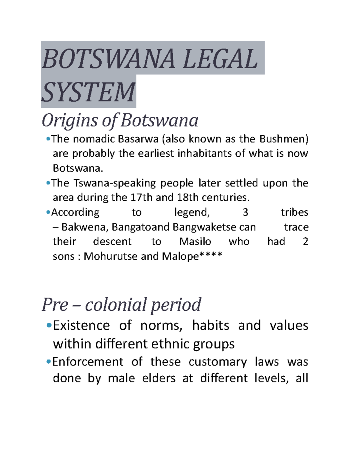 Document - Notes - BOTSWANA LEGAL SYSTEM Origins of Botswana • The ...