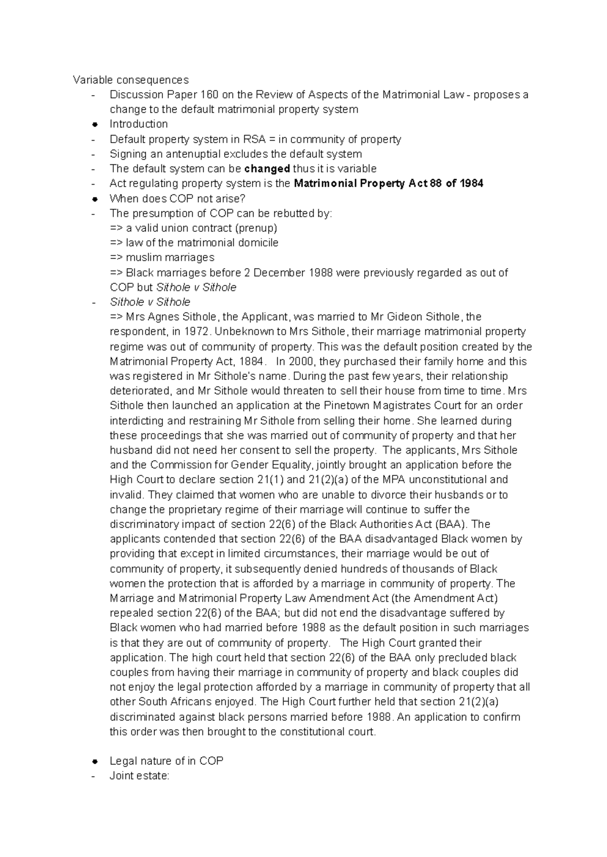 FMR TEST PREP - Summary Family law - Variable consequences - Discussion ...