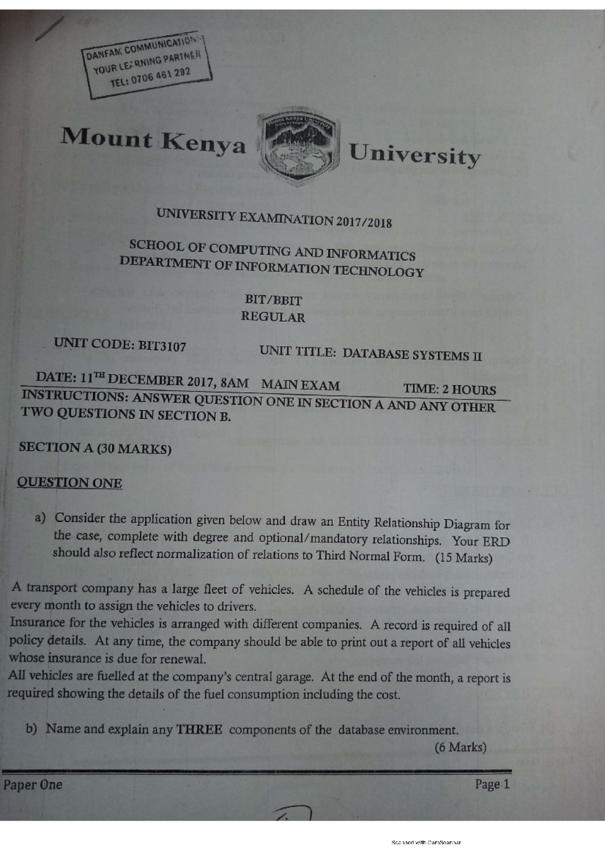 BIT 3107 Database Systems 2 PAST Papers - Information Technology - Studocu