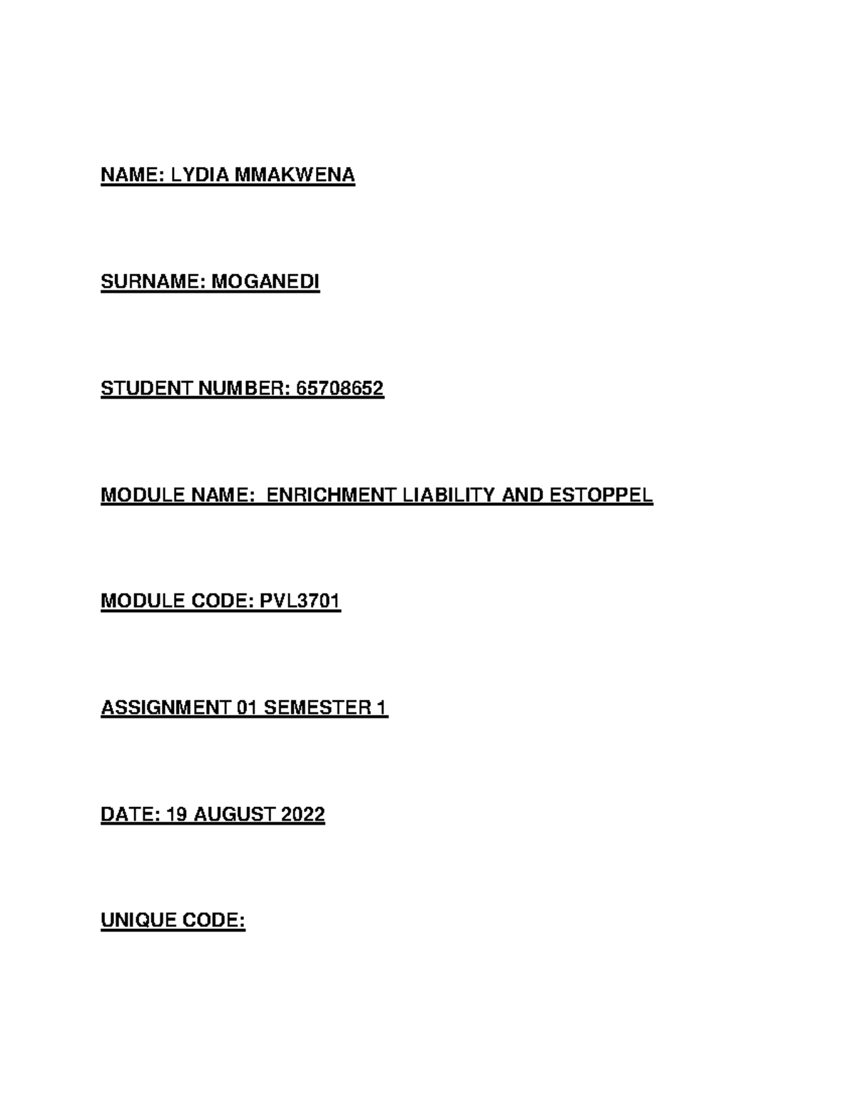 PVL3704 Assignment 1 Semester 2 - NAME: LYDIA MMAKWENA SURNAME: MOGANEDI STUDENT NUMBER ...