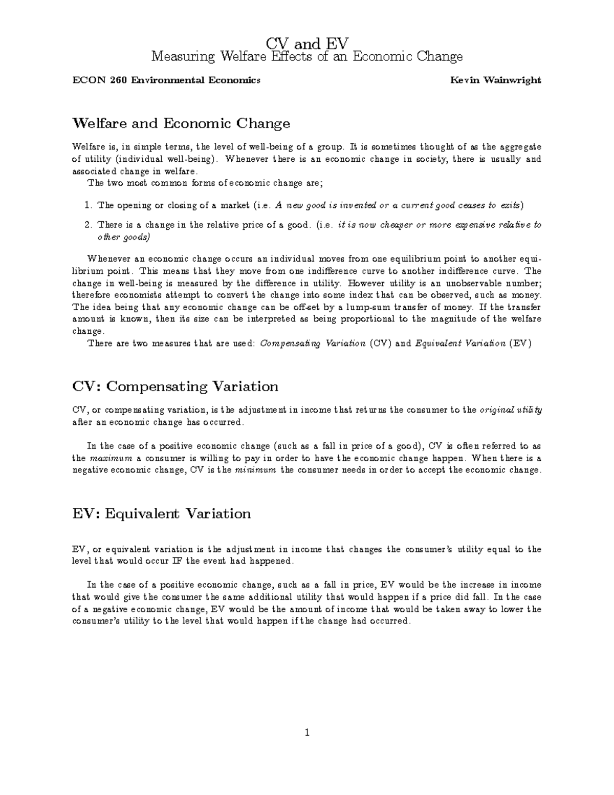 Cv-ev-notes - microeconomics - CV and EV Measuring Welfare Effects of ...