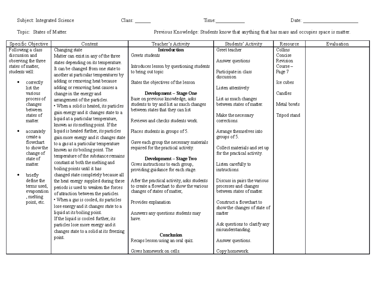 STATES OF MATTER - Subject: Integrated Science Class: ______ Time ...