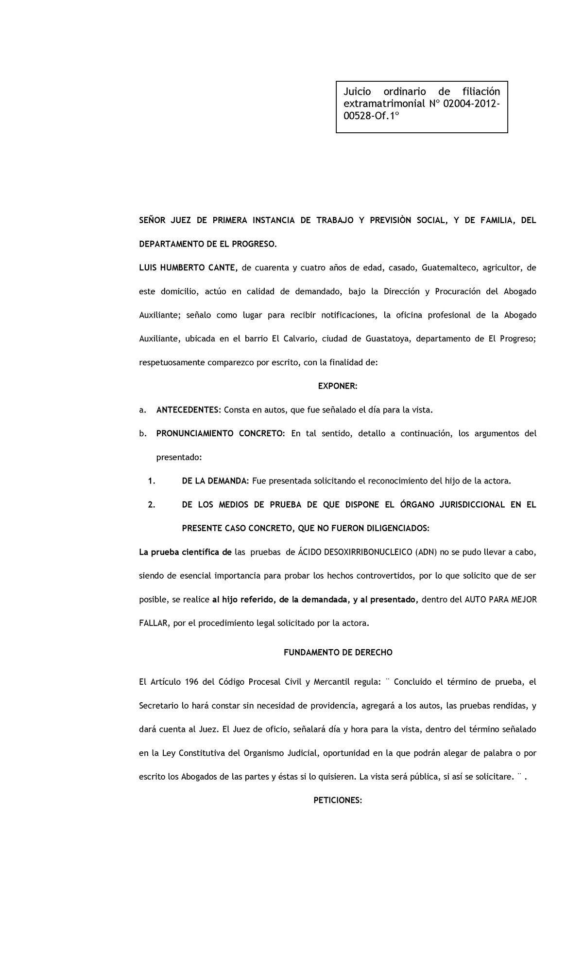 Vista - ADN - auto para mejor fallar - SEÑOR JUEZ DE PRIMERA INSTANCIA ...