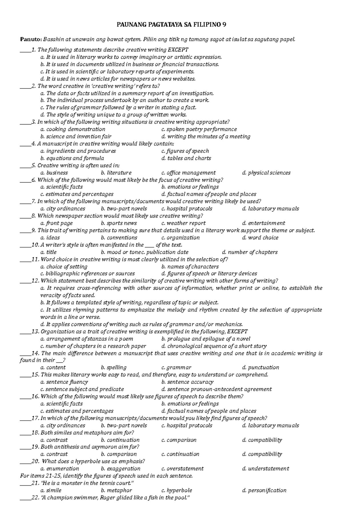 Creative Writing PRE TEST - PAUNANG PAGTATAYA SA FILIPINO 9 Panuto ...