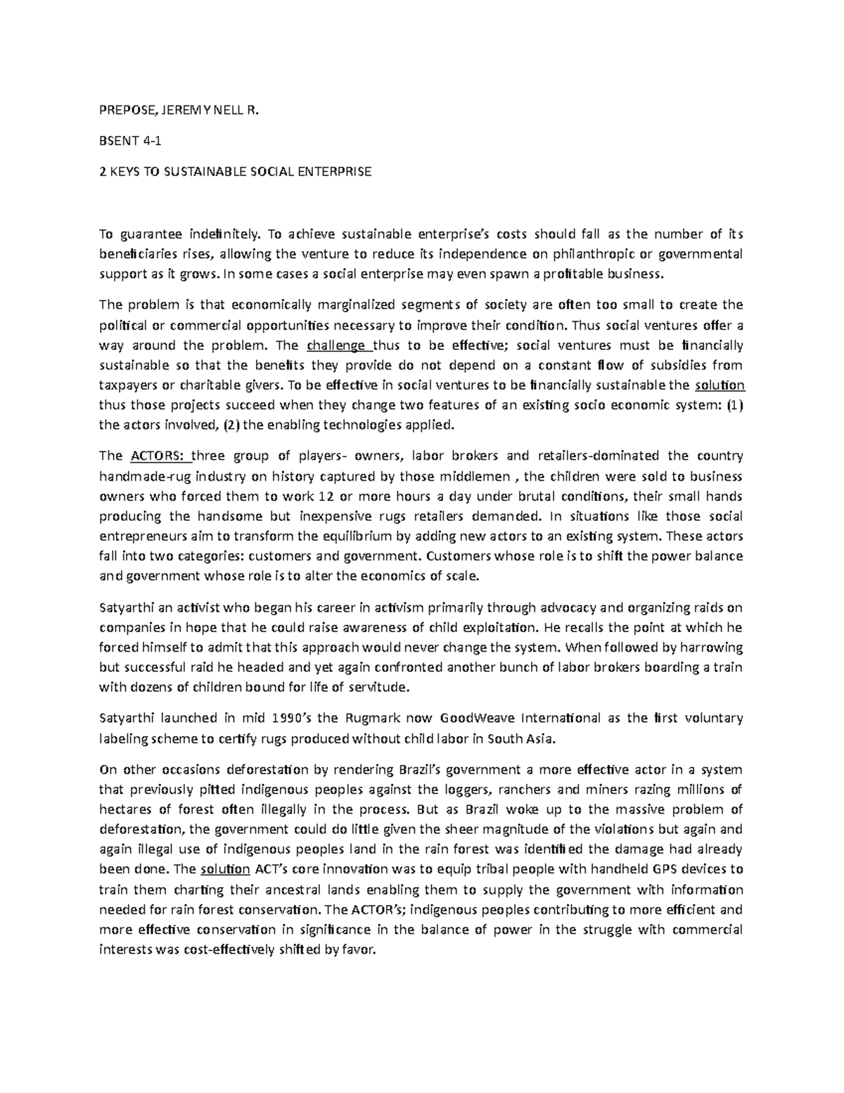 2 keys to sustainable social enterprise - PREPOSE, JEREMY NELL R. BSENT ...