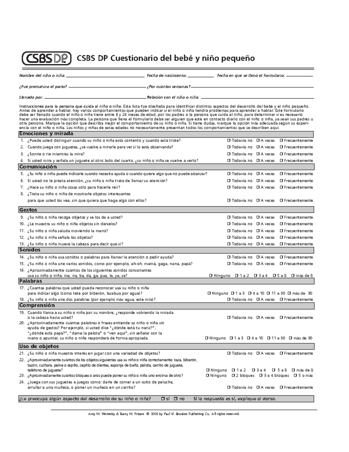 Cuestionario BEBE Y NIÑO Pequeño - Amy M. Wetherby & Barry M. Prizant ...