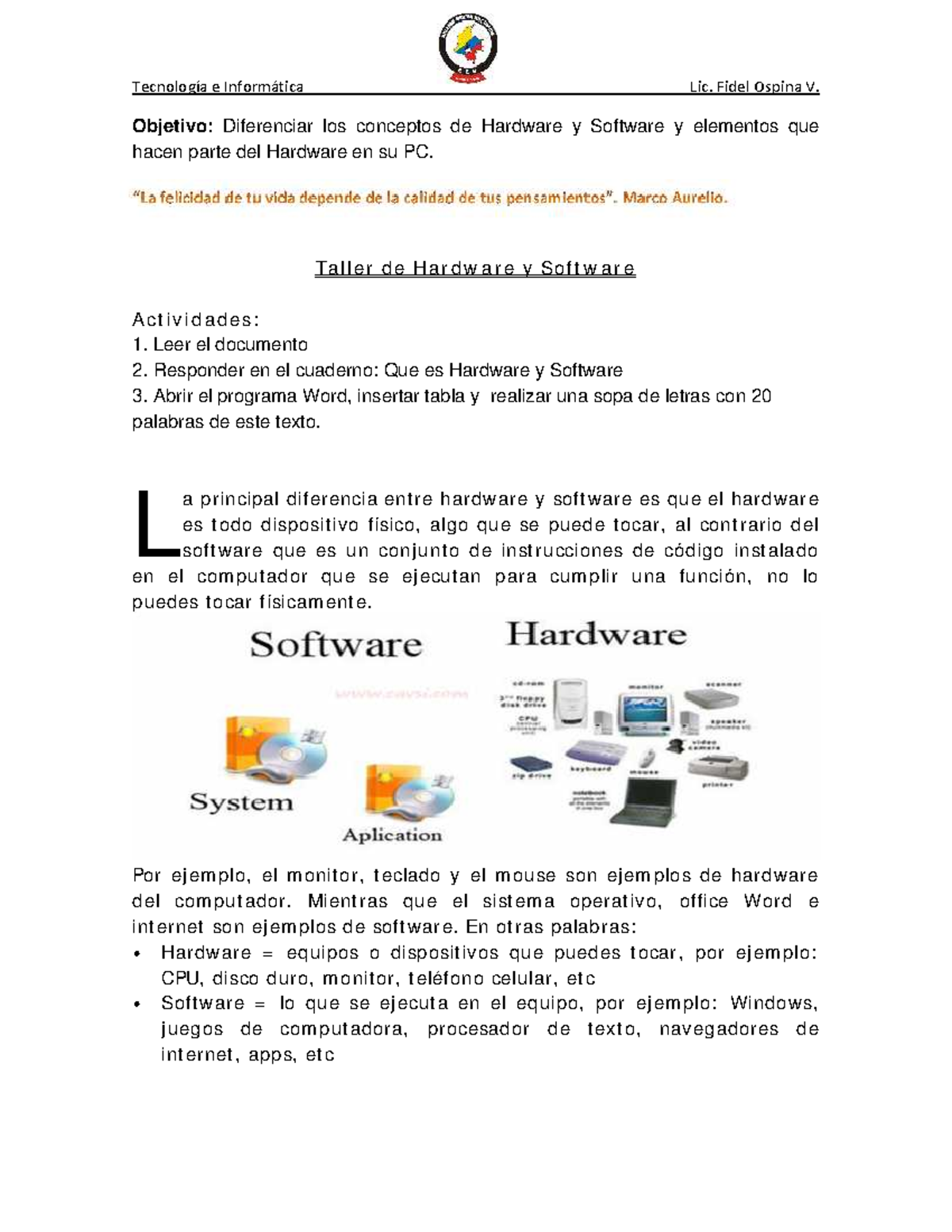 Taller de hardware y software - Tecnología e Informática Lic. Fidel Ospina V. Objetivo ...