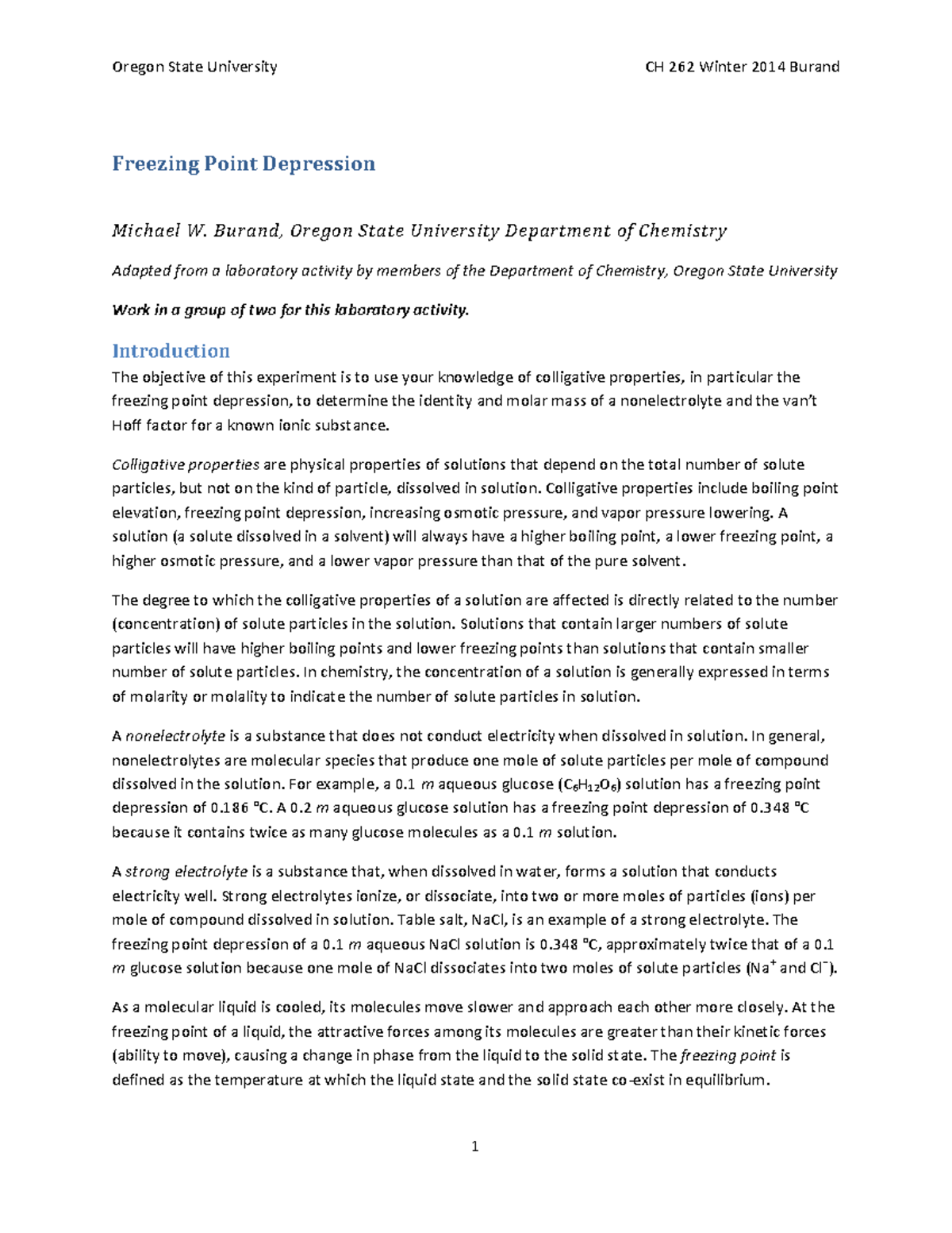 CH 262 W14 Freezing Point Depression Burand V2 - Freezing Point ...