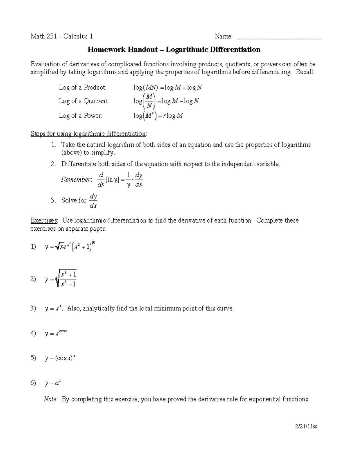 251-3 - Logarithmic Differentiation - Math 251 – Calculus 1 Name
