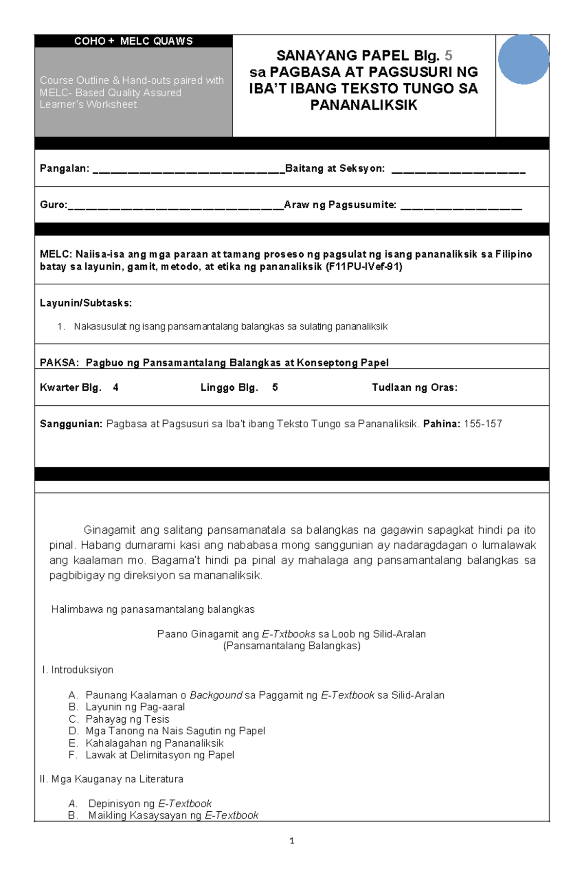 Pagbasa Worksheet w5 - COHO + MELC QUAWS SANAYANG PAPEL Blg. 5 sa ...