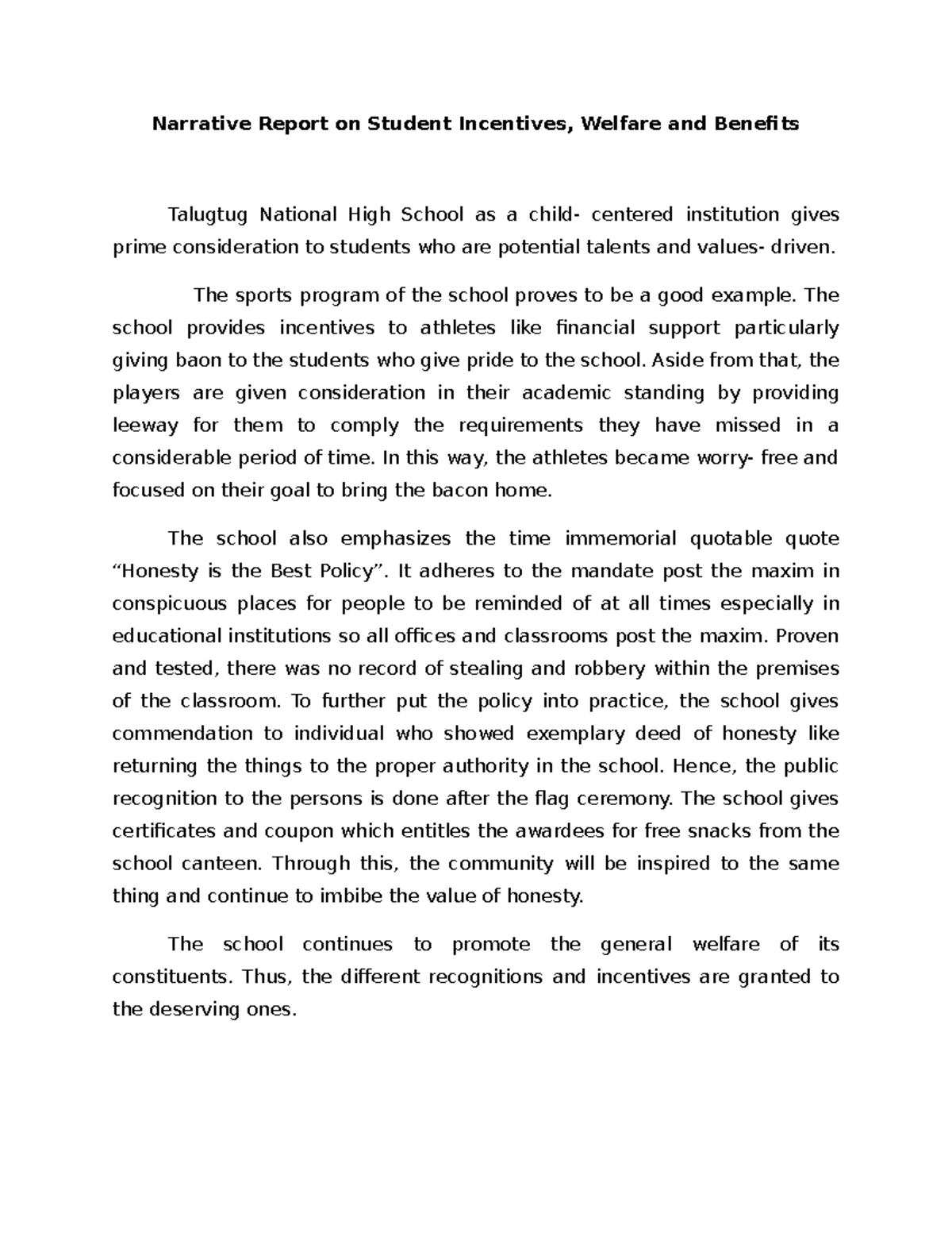 Narrative Report on Student Incentives - The sports program of the ...