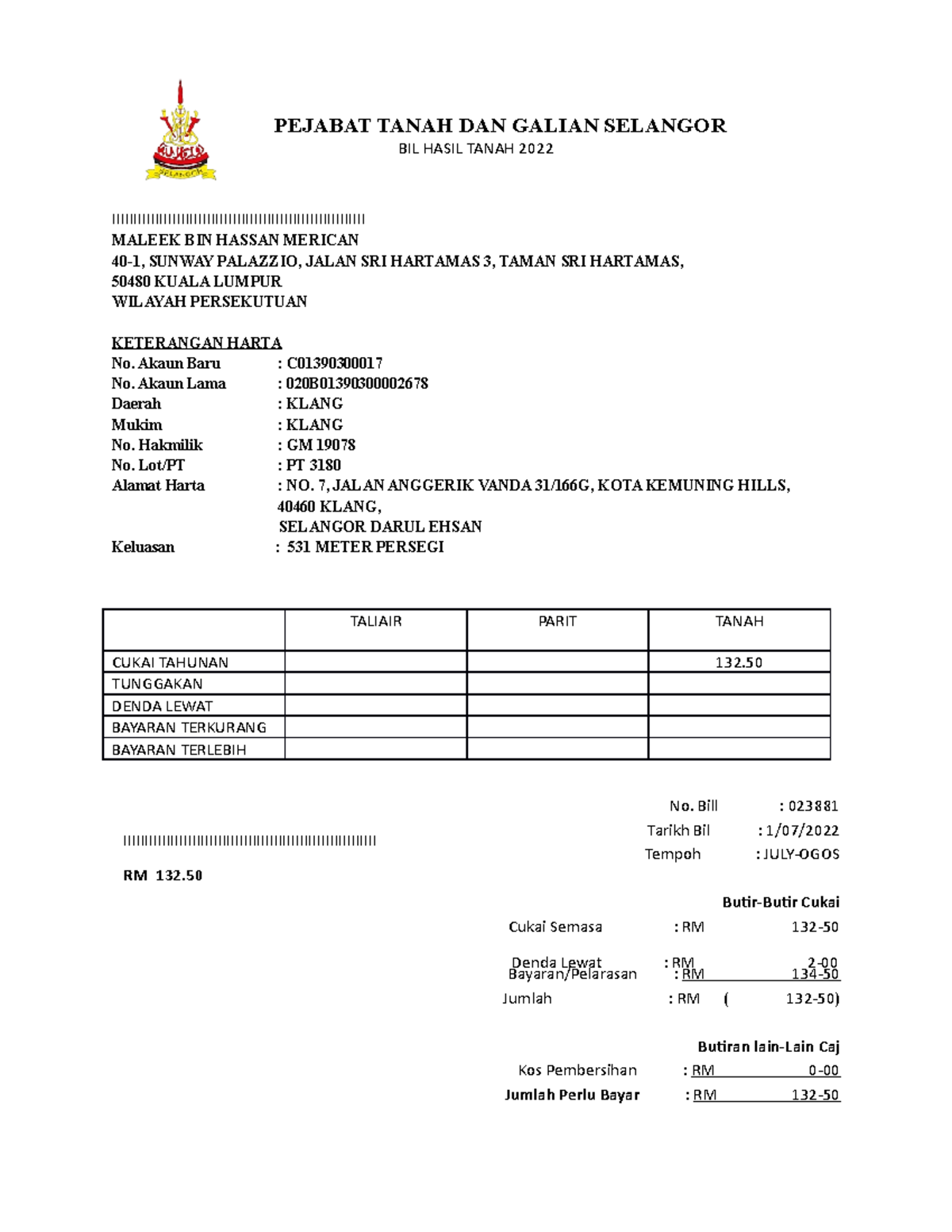 QUIT RENT Receipt - PEJABAT TANAH DAN GALIAN SELANGOR BIL HASIL TANAH ...