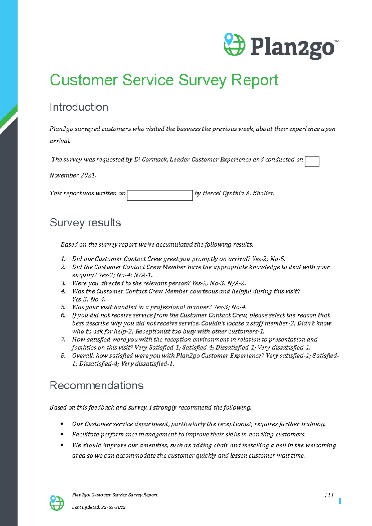 Plan2go Customer Service Survey Report – 10-11-2021 – Hercel Cynthia ...