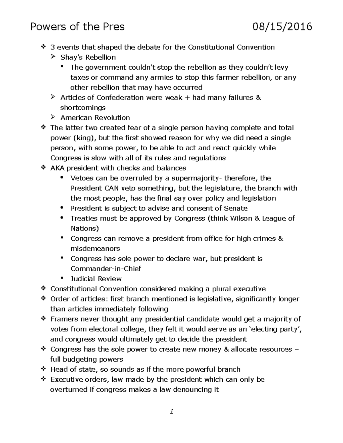 Weeks 1-3 - Lecture notes 1-3 - Powers of the Pres 08/15/ 3 events that ...