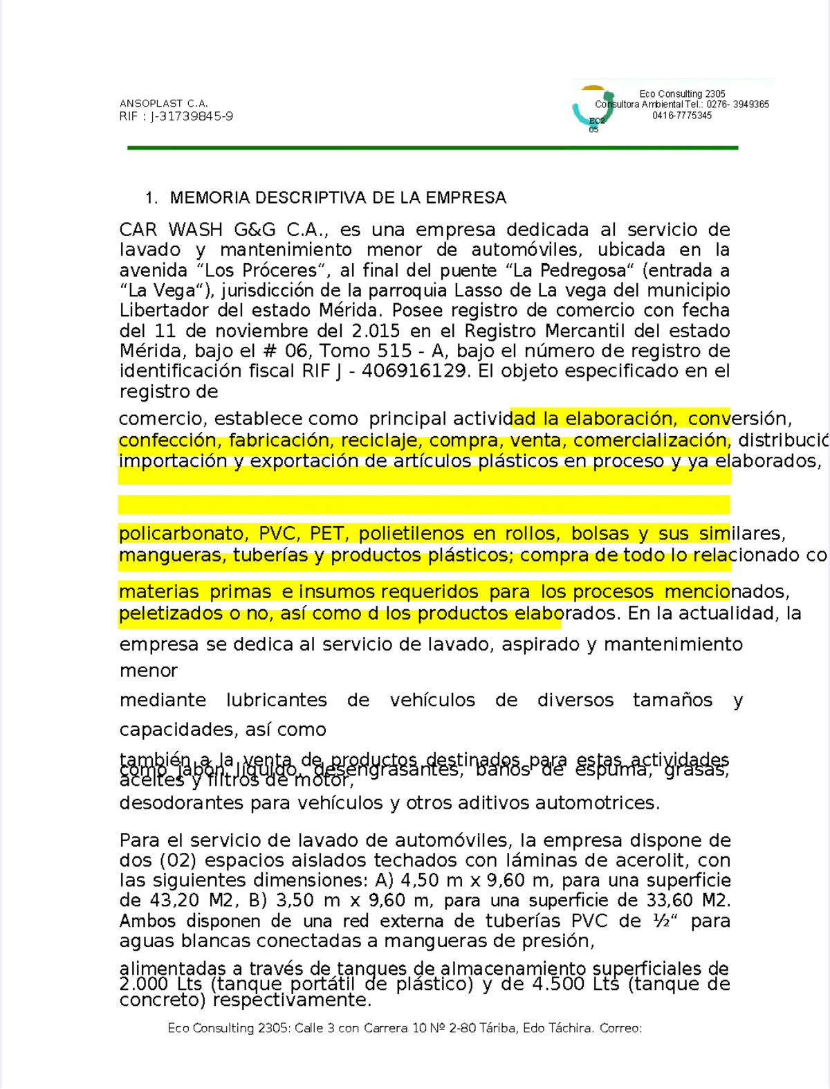 Pdf memoria descriptiva racda car wash - ####### ANSOPLAST C. RIF : J-31739845- 9 EC 05 Eco ...