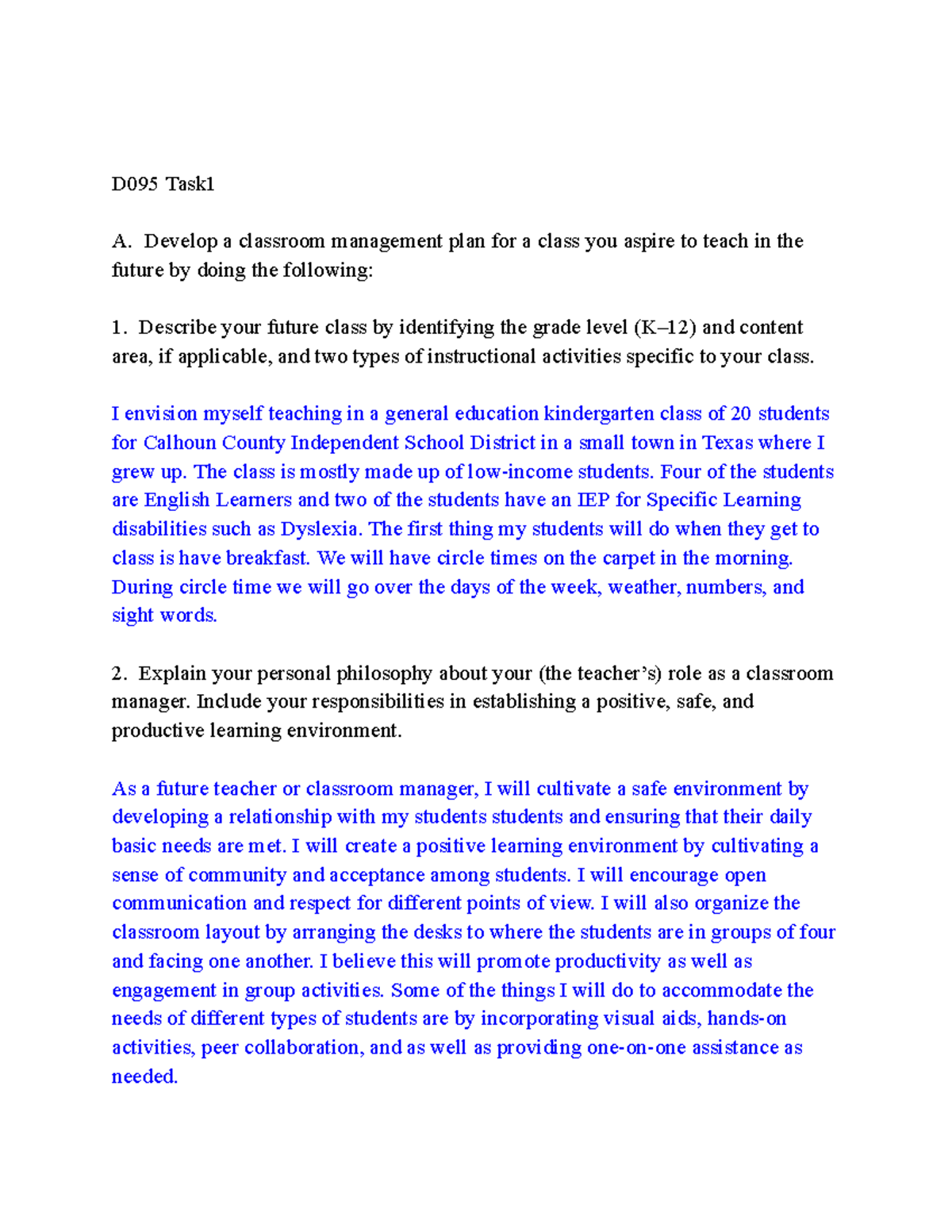 D095 Task 1 - D095 Task 1- passed on first attempt - D095 Task A. Develop a classroom management ...