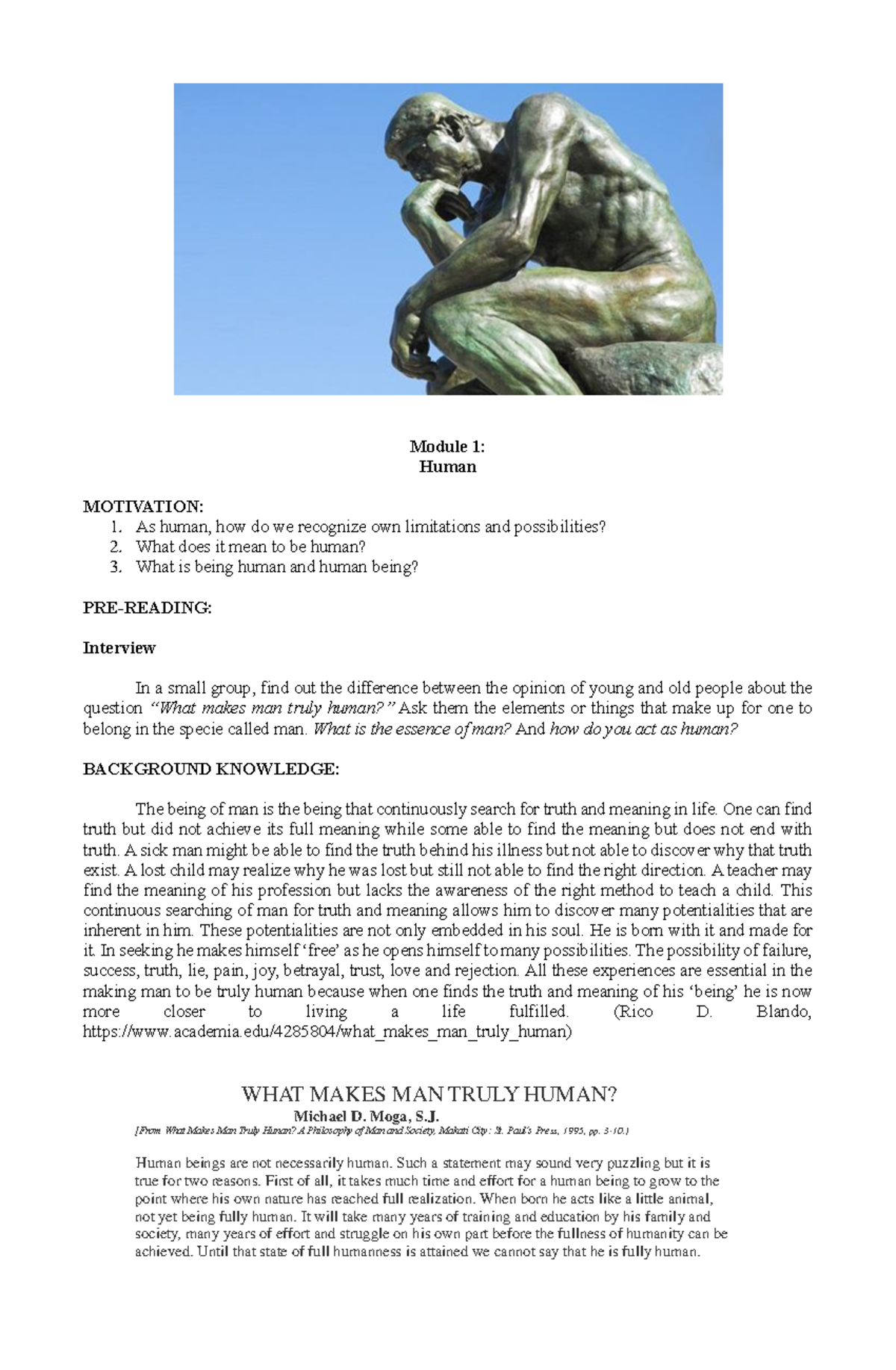 Idoc - Philo of Man - Module 1: Human MOTIVATION: 1. As human, how do ...