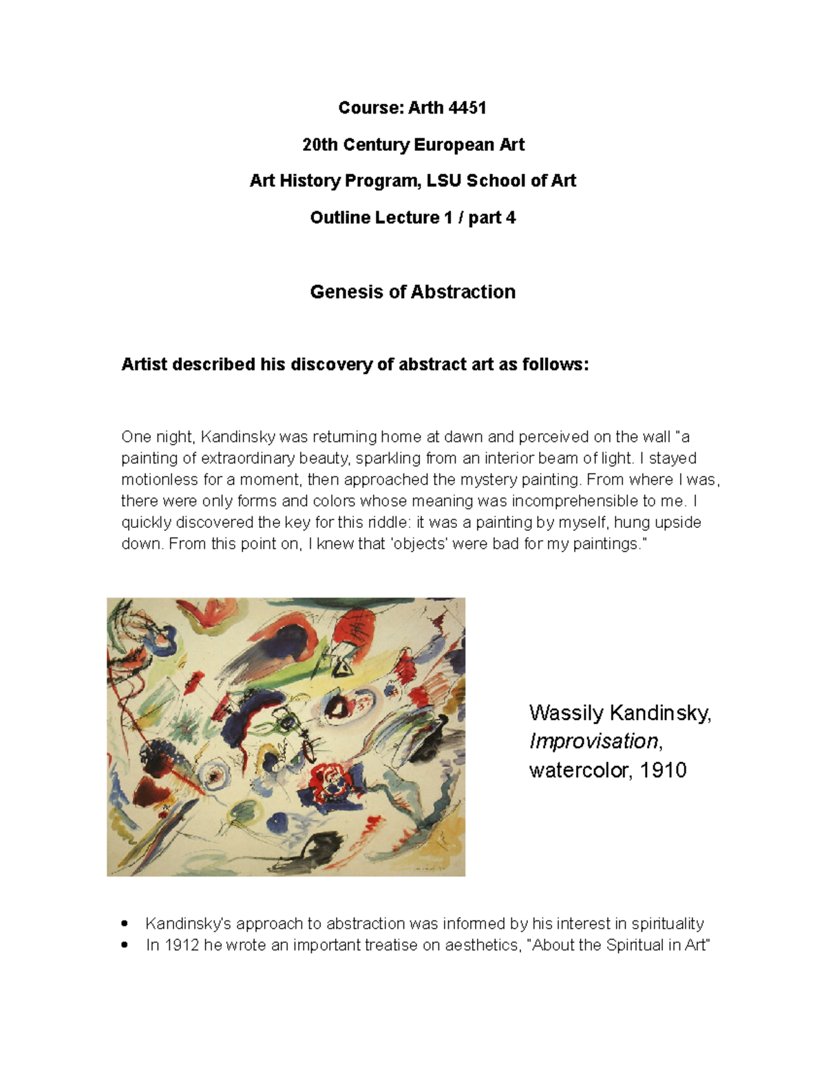 Genesis of abstraction - Course: Arth 4451 20th Century European Art Art History Program, LSU ...
