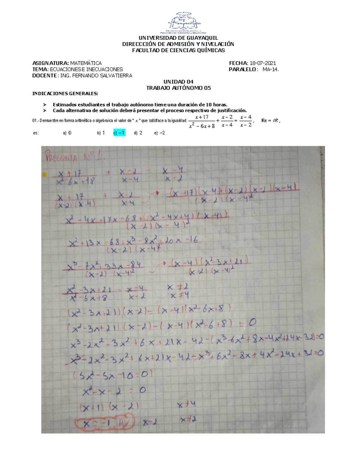 Autonomo 05 - Trabajo autónomo de matemáticas - UNIVERSIDAD DE GUAYAQUIL DIRECCCI”N DE ADMISI”N ...