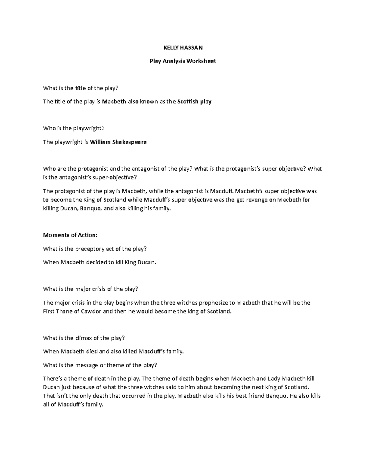 Play Analysis Worksheet - KELLY HASSAN Play Analysis Worksheet What is ...