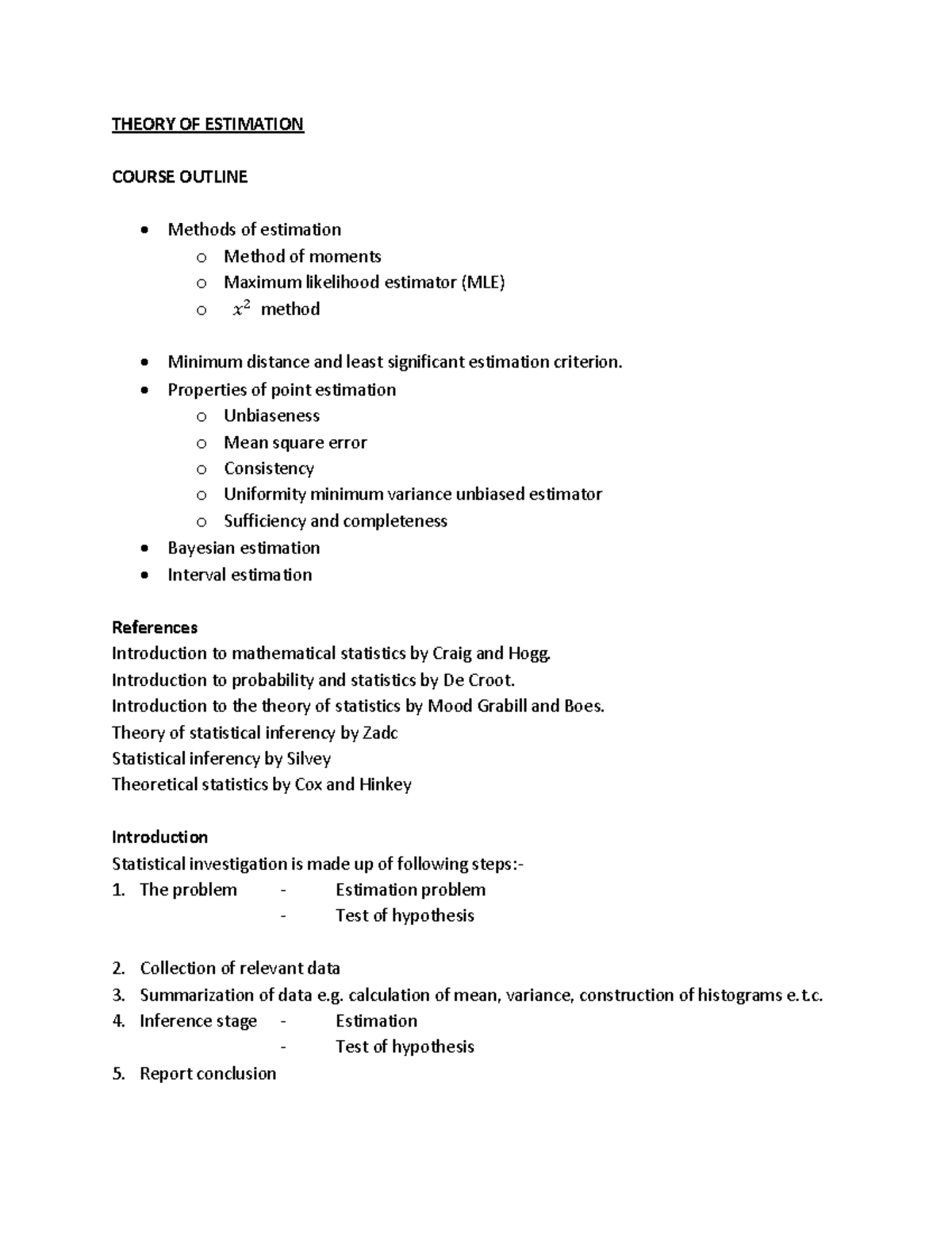 Theory OF Estimation - good lecture notes - THEORY OF ESTIMATION COURSE ...
