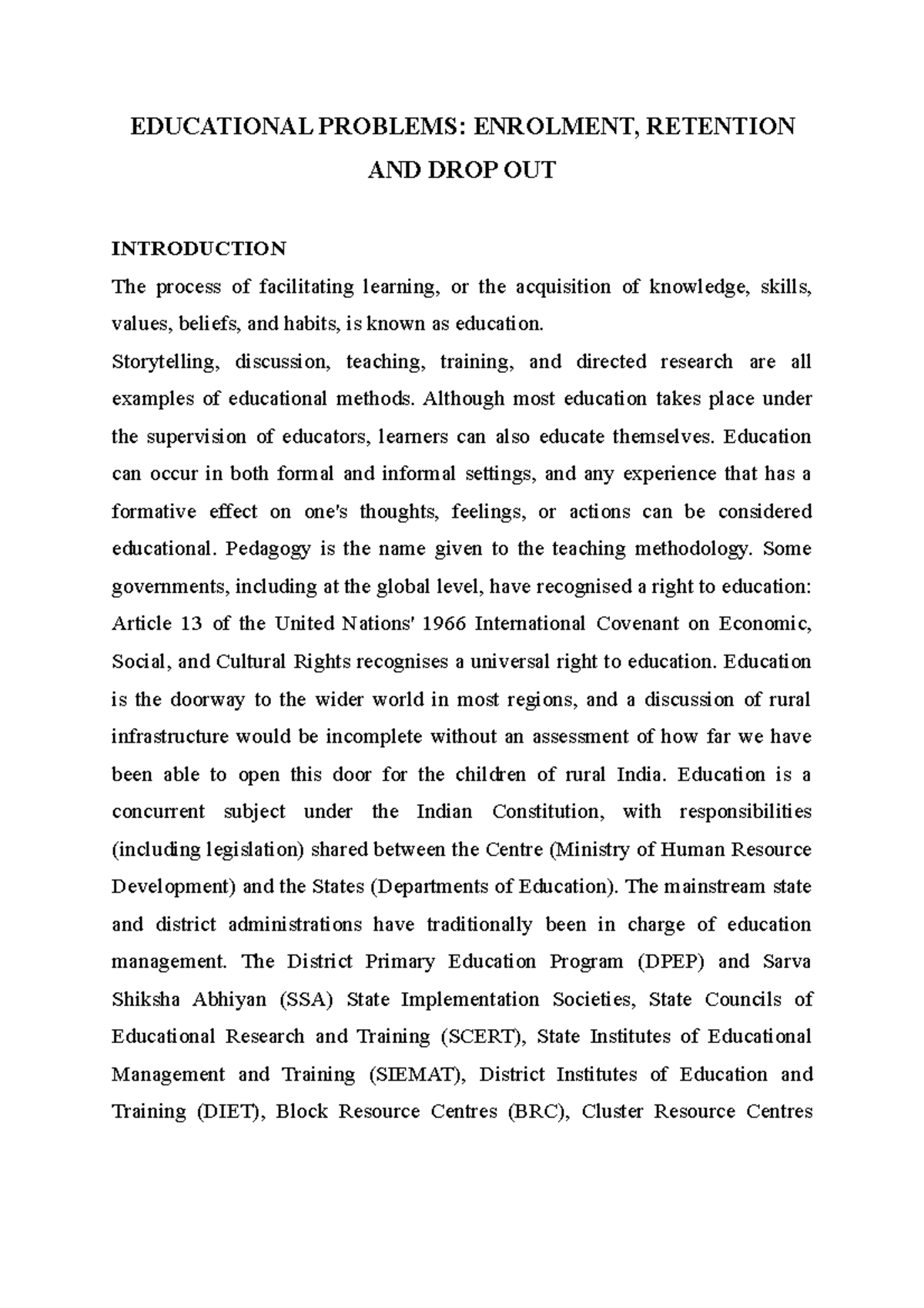 Educational Problems- Enrolment, Retention and Drop Out - EDUCATIONAL ...