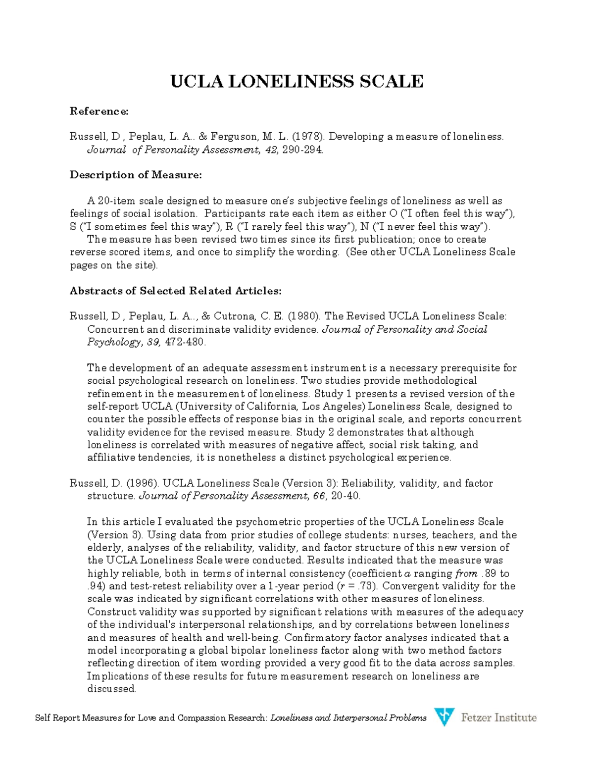 Self Measures for Loneliness and Interpersonal Problems UCLA Loneliness ...