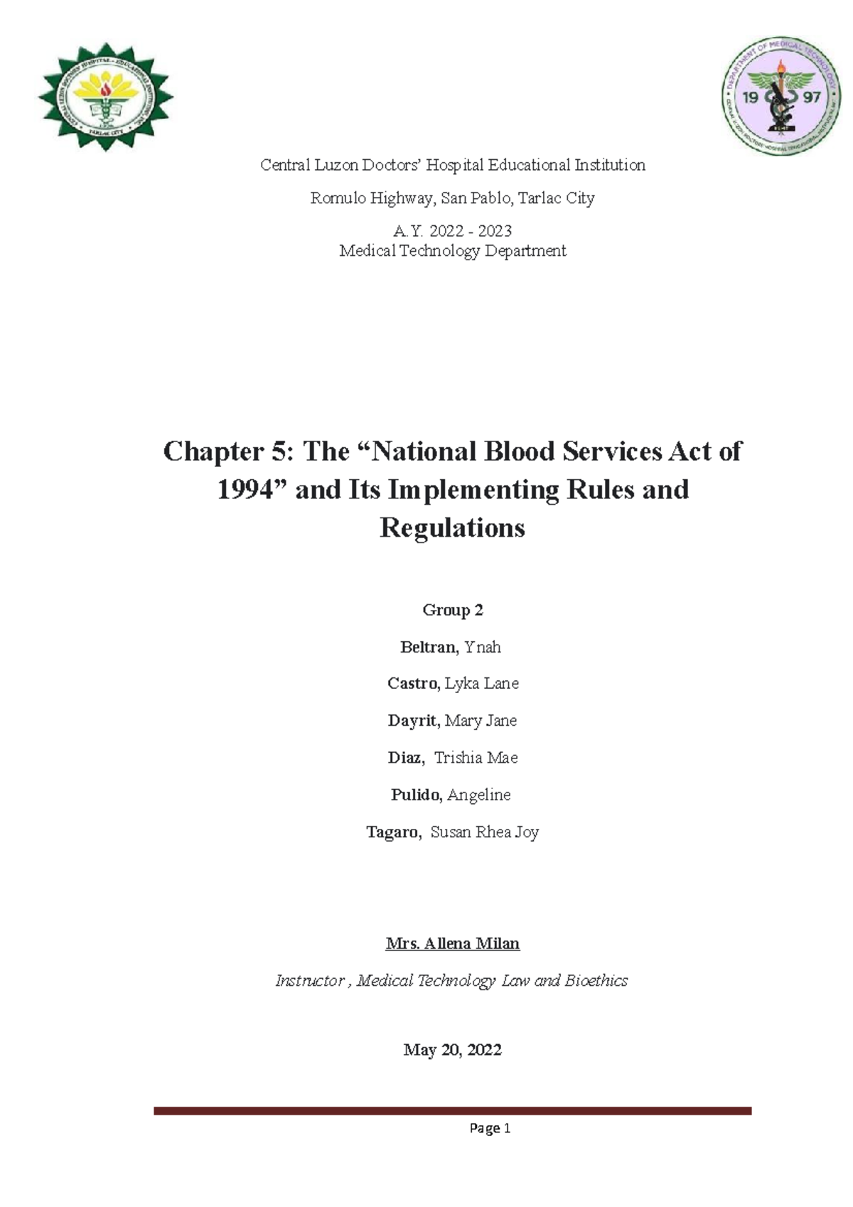 Group 2 Chapter 5 National Blood Banking Act of 1994 - Central Luzon ...