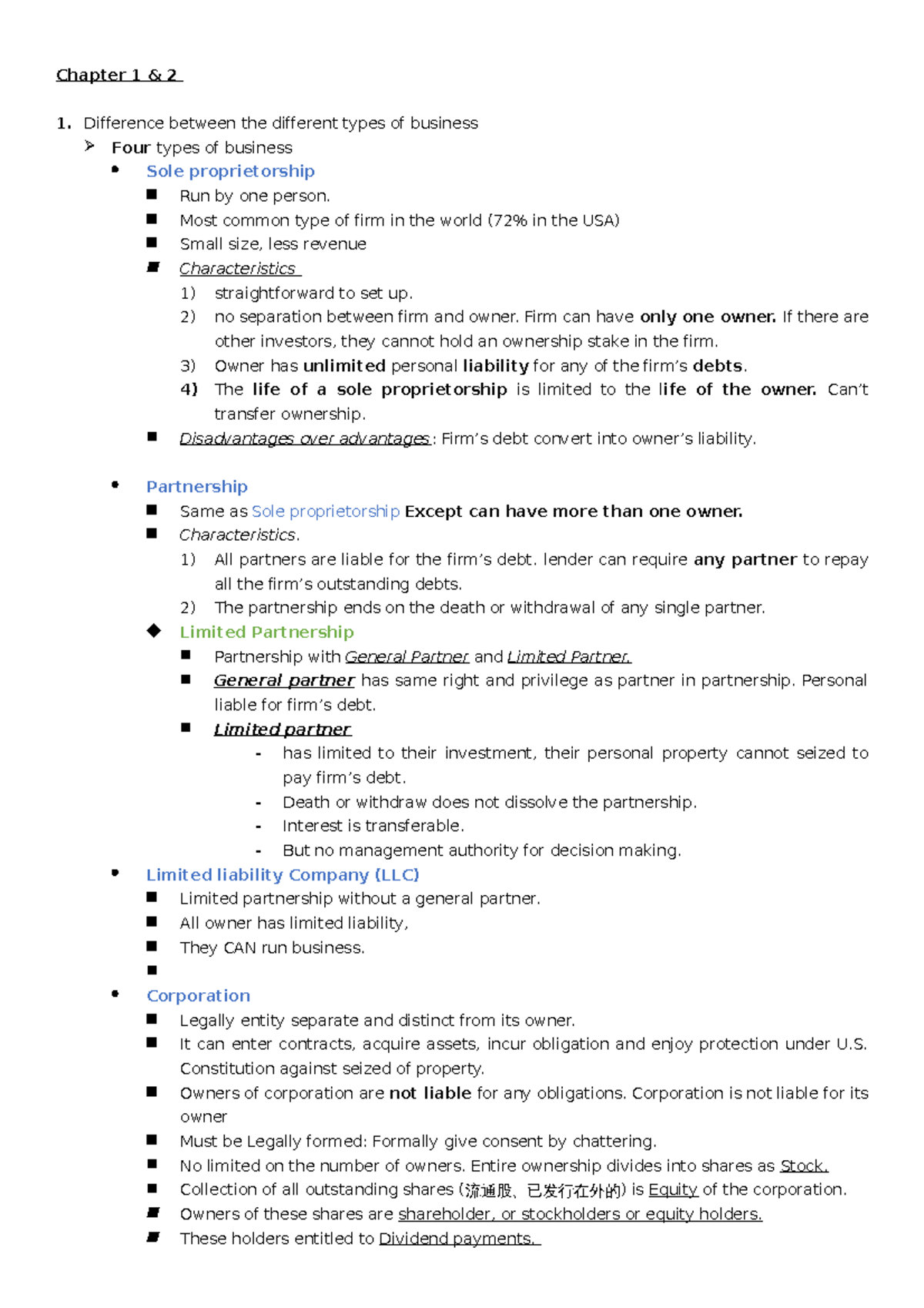 Chapter 1 &2 - Notes for prepared Midterm exam - Chapter 1 & 2 ...