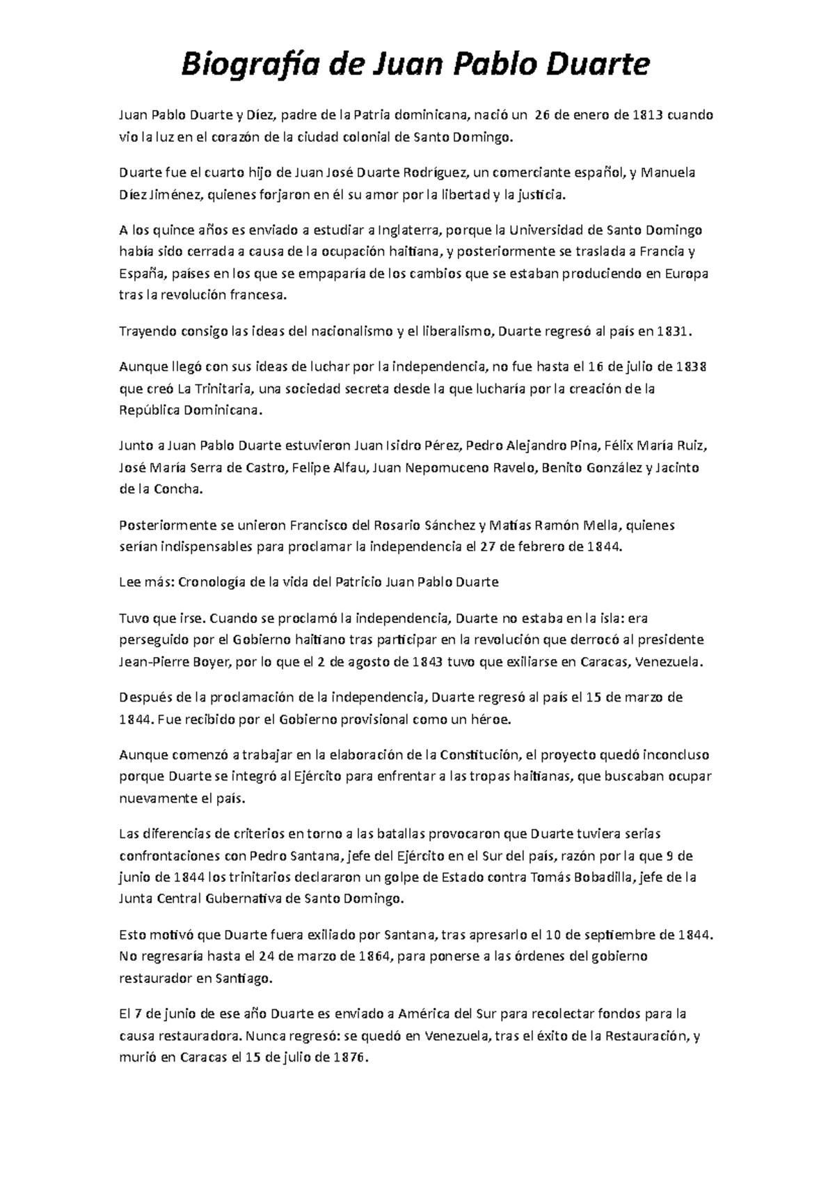 Biografía de Juan Pablo Duarte - Biografía de Juan Pablo Duarte Juan ...