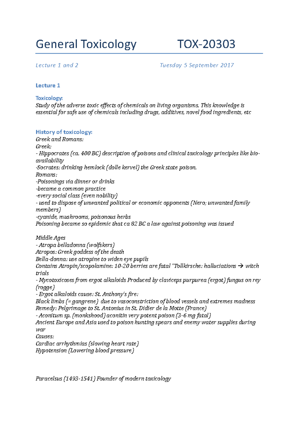 General Toxicology lecture 1 and 2 - General Toxicology TOX- Lecture 1 and 2 Tuesday 5 September ...