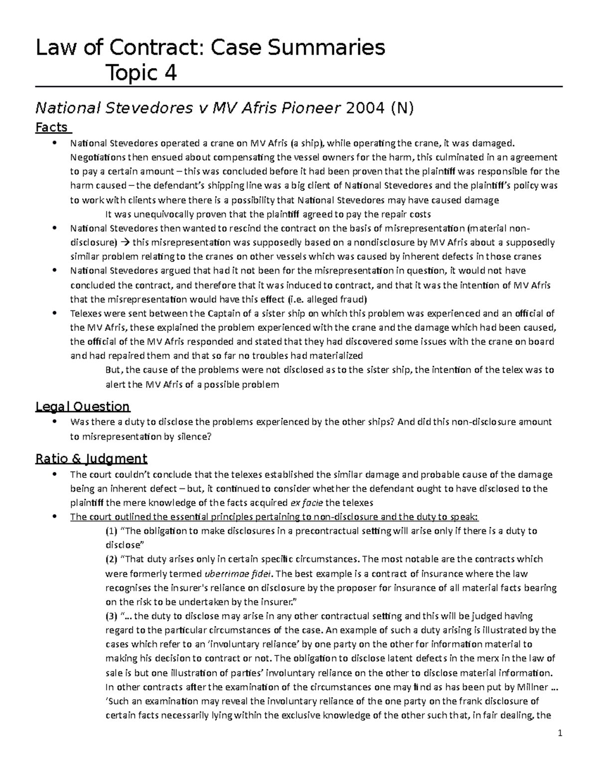 Contracts Case Summaries (Topic 4-9) - Law of Contract: Case Summaries Topic 4 National ...