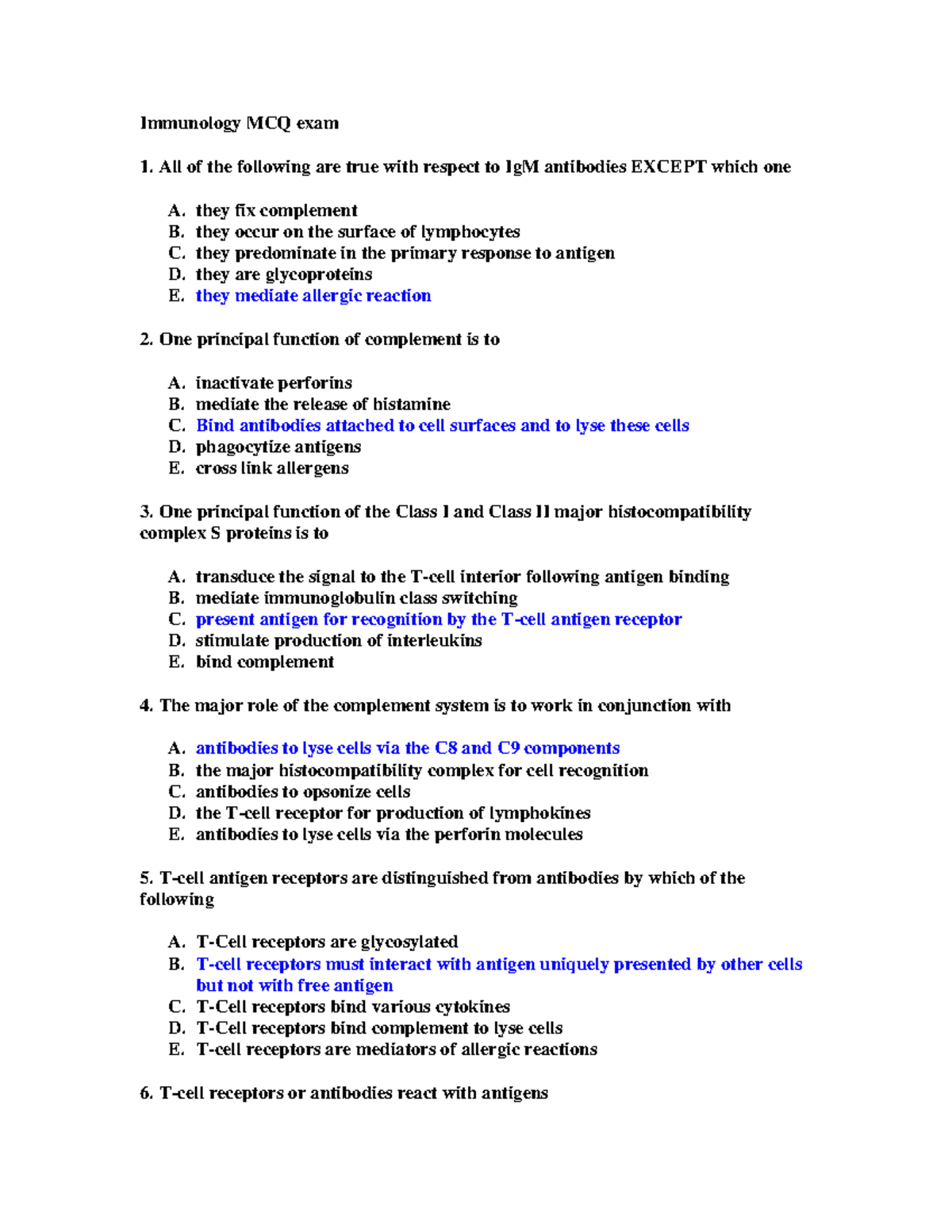 Immunology Exam Questions Sample - Immunology MCQ exam All of the ...