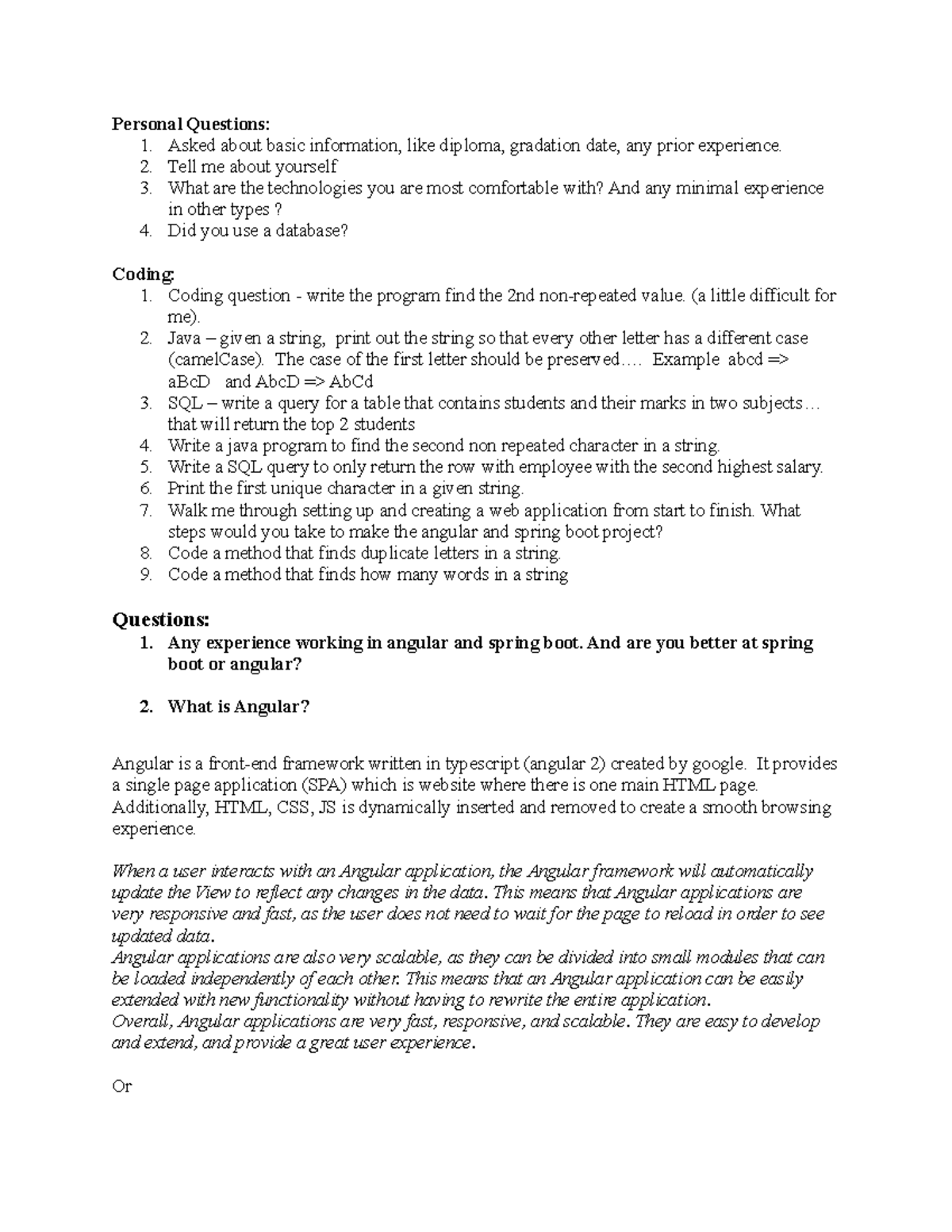 Interview Questions Java Updated Personal Questions 1 Asked About Basic Information Like 