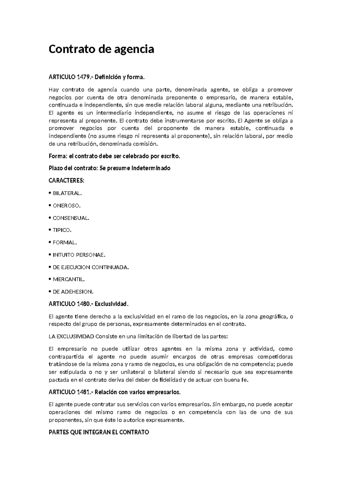 Contrato de agencia - Contrato de agencia ARTICULO 1479.- Definición y ...