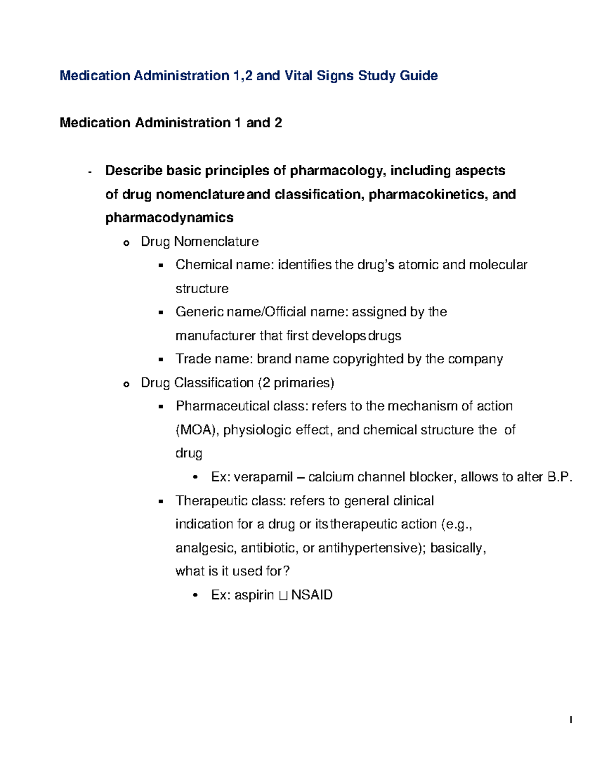 Medication Administration 1,2 and Vital Signs Study Guide - Therapeutic ...