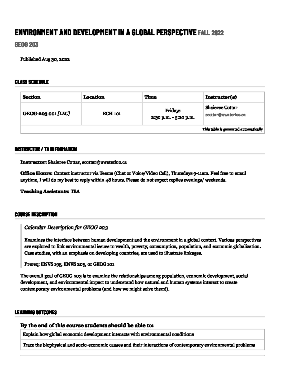Geog 203 outline fall 2022 - - Studocu