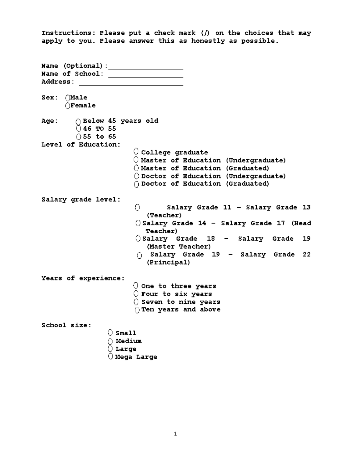 Questionnares - A questionnaire that can be used as a reference ...