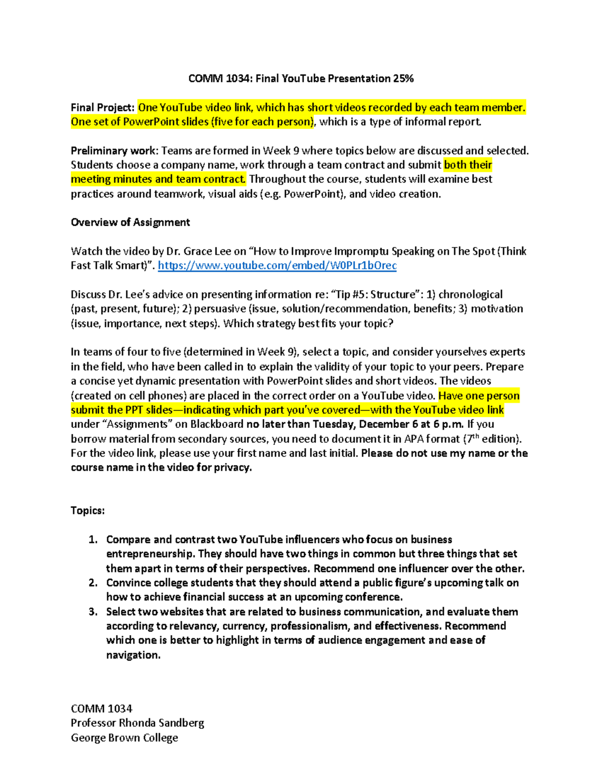 Pdf FALLfinal assignment Overview - COMM 1034 Professor Rhonda Sandberg George Brown College ...